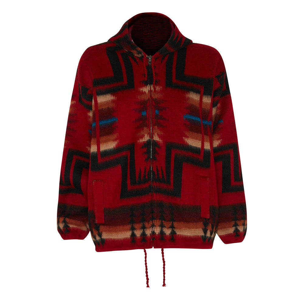 Alpaca Wool Jacket with Hoodie - Native American Style - Red – Perez ...